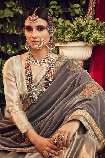 Buy Ranian Beige Silk Tissue Lehenga Set With Steel Grey Dupatta Online ...