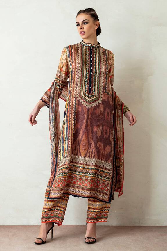 Buy Rajdeep Ranawat Brown Ramin Silk Printed Tunic Set Online | Aza Fashions