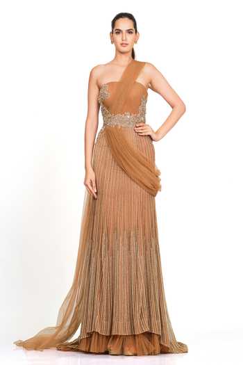 Buy Rocky Star Beige Net Handcrafted Draped Gown Online | Aza Fashions