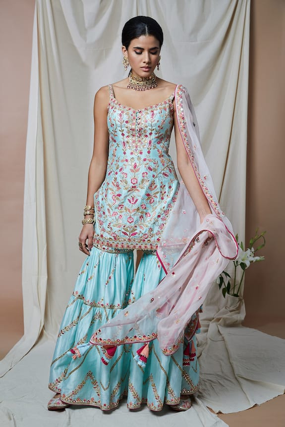 Buy Tamanna Punjabi Kapoor Blue Cotton Chanderi Embroidered Kurta ...