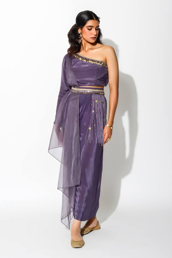 Buy Rishi & Vibhuti Purple Taxo One Side Cape And Draped Skirt Set ...