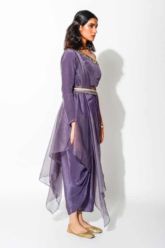 Buy Rishi & Vibhuti Purple Taxo One Side Cape And Draped Skirt Set ...