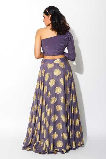 Buy Rishi & Vibhuti Purple Taxo One Shoulder Blouse And Lehenga Set ...