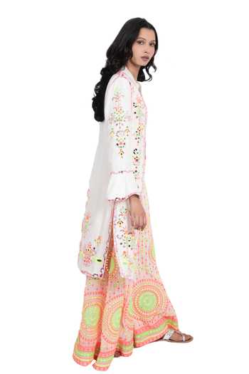 Buy Monisha Jaising White Georgette Mirror Work Jacket Sharara Set ...