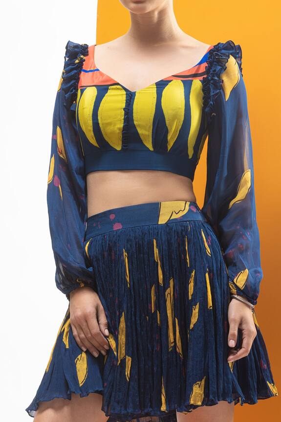 Buy Nautanky Blue Natural Crepe Printed Crop Top And Short Skirt Set ...