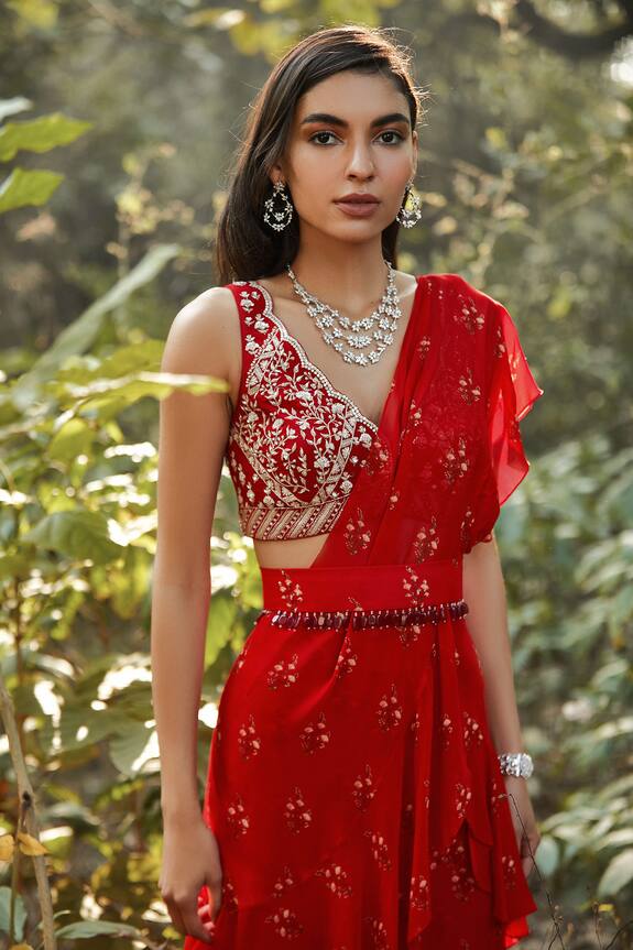 Buy Sana Barreja Red Georgette Ira Pre-draped Ruffle Saree Set Online ...
