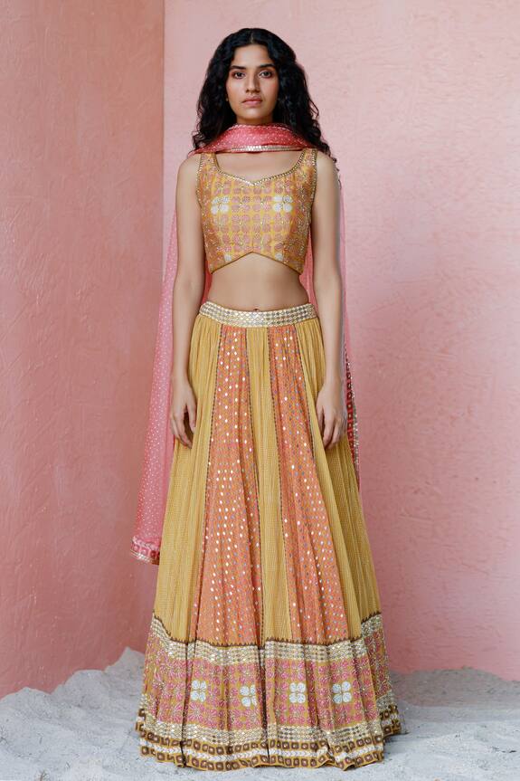 Buy Surbhi Gupta Yellow Cotton Silk Printed Lehenga Set Online Aza