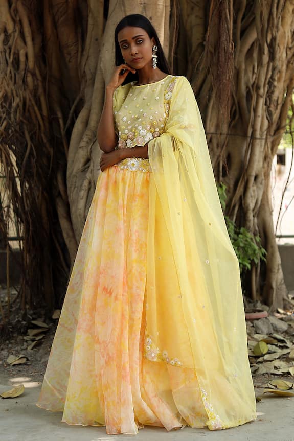 Buy Surbhi Gupta Yellow Tie Dye Organza Lehenga Set Online Aza Fashions