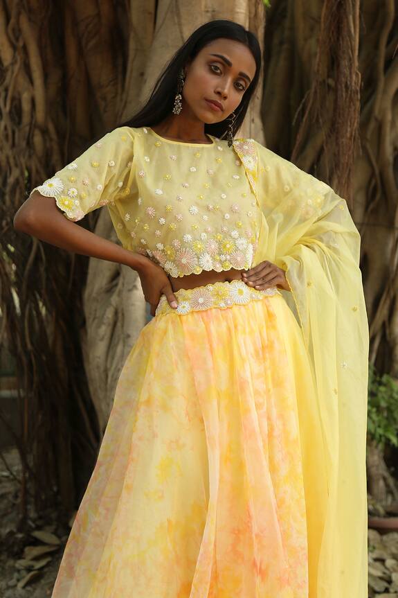Buy Surbhi Gupta Yellow Tie Dye Organza Lehenga Set Online Aza Fashions