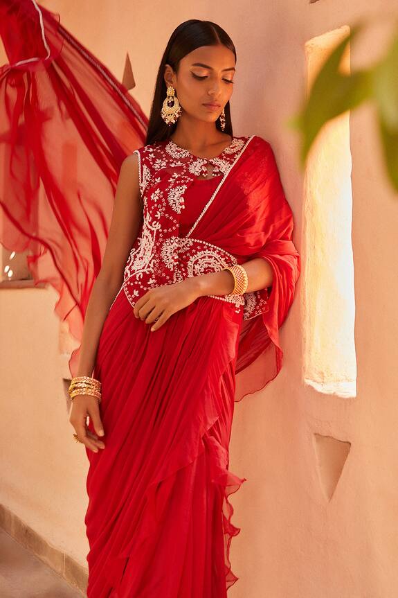 Buy Shian Red Georgette Pre-draped Ruffle Saree Set Online | Aza Fashions