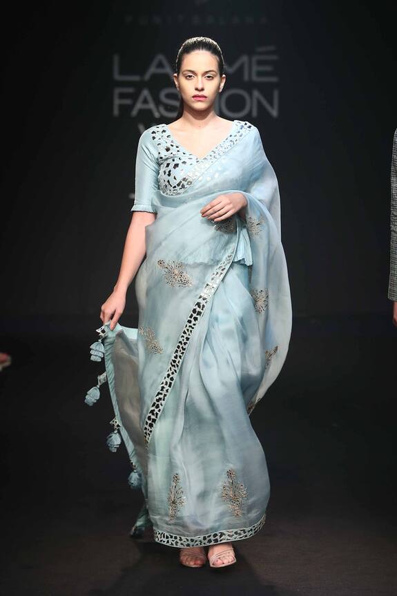 Buy Punit Balana Blue Patra Work Saree With Blouse Online | Aza Fashions