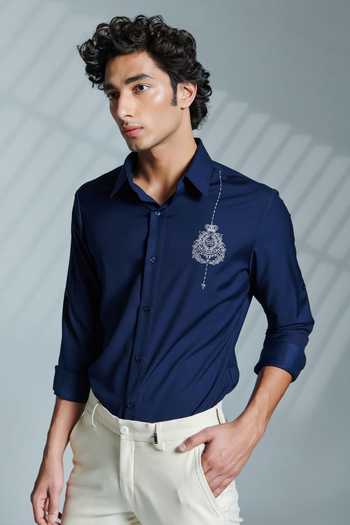 Buy S&N by Shantnu Nikhil Blue Terylene Slim Fit Shirt Online | Aza ...