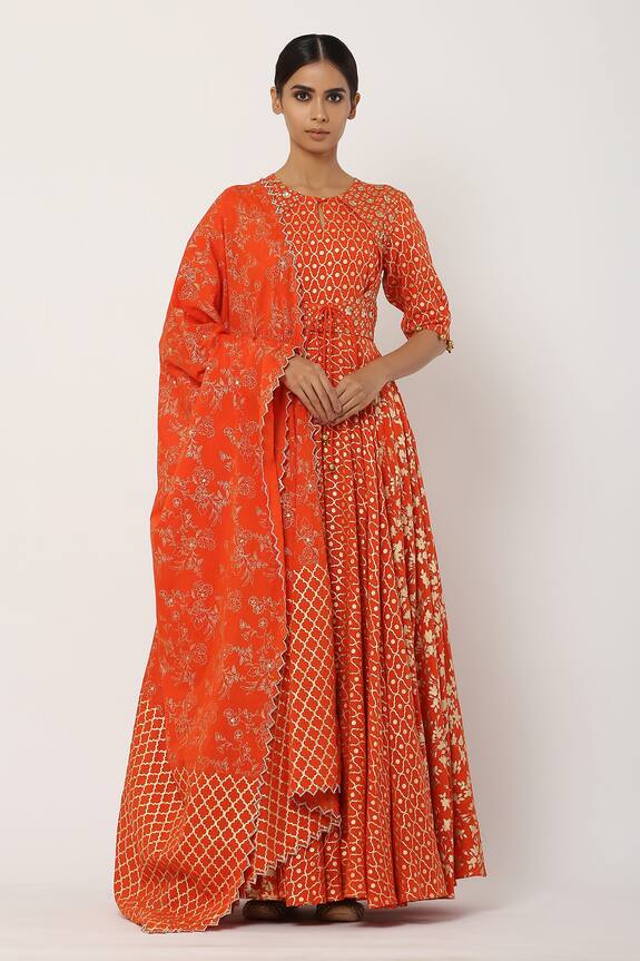 Buy Seema Nanda Orange Cotton Mul Anarkali With Dupatta Online | Aza ...