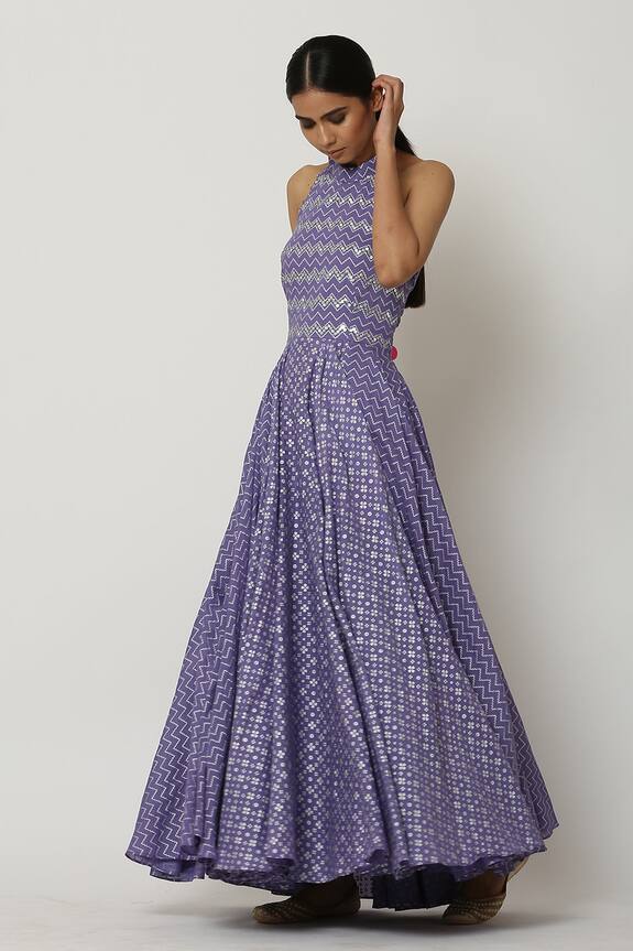 Buy Seema Nanda Purple Cotton Mul Halter Neck Anarkali With Dupatta ...