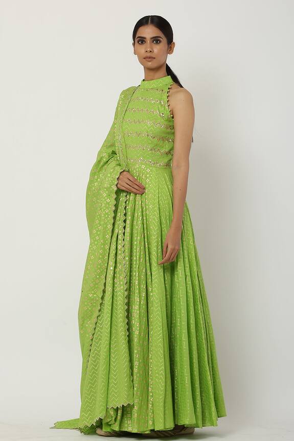 Buy Seema Nanda Green Cotton Mul Halter Neck Anarkali With Dupatta ...