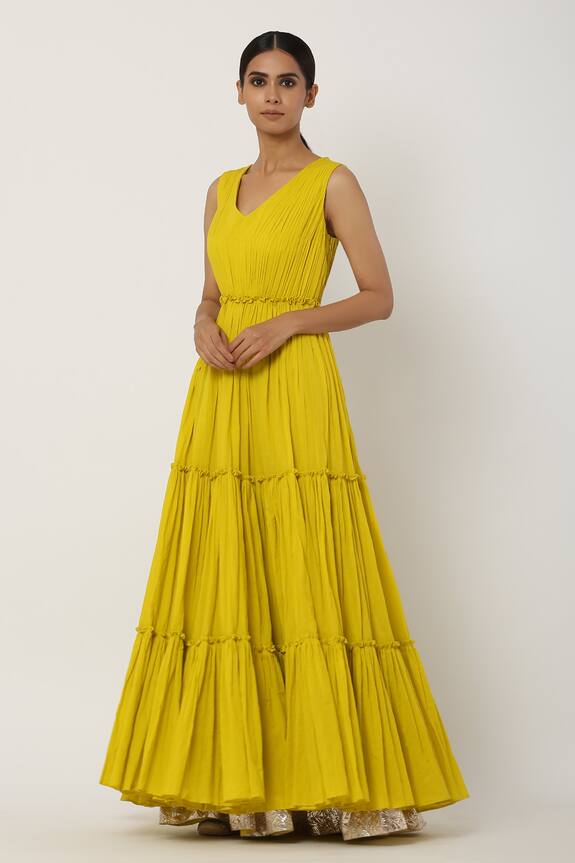 Buy Seema Nanda Yellow Cotton Mul Tiered Anarkali With Dupatta Online ...