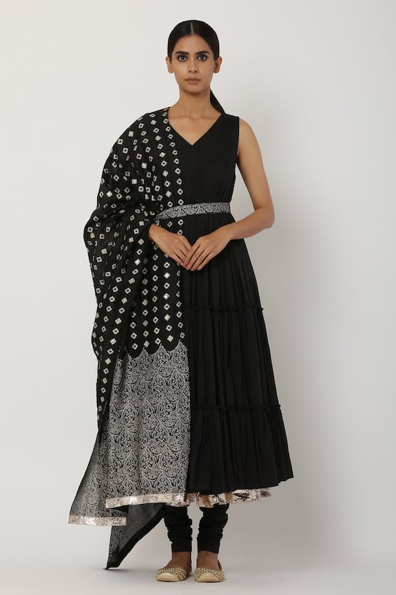 Buy Seema Nanda Black Cotton Mul Tiered Anarkali Set Online | Aza Fashions