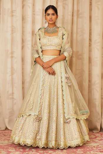 Buy Shyam Narayan Prasad Silver Cotton Satin Embroidered Lehenga Set ...