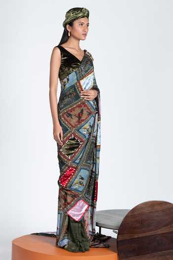 Buy Shivan & Narresh Multi Color Korean Lace Pre-stitched Printed Saree ...