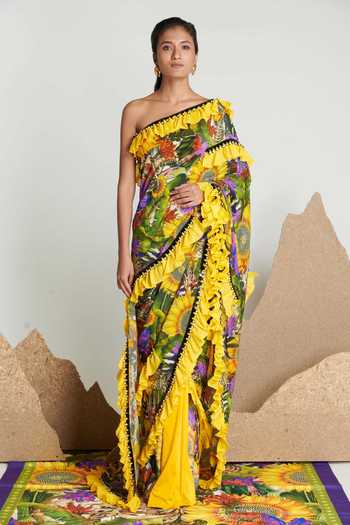 Buy Shivan & Narresh Yellow Viscose Cellulose Crepe Printed Ruffle ...