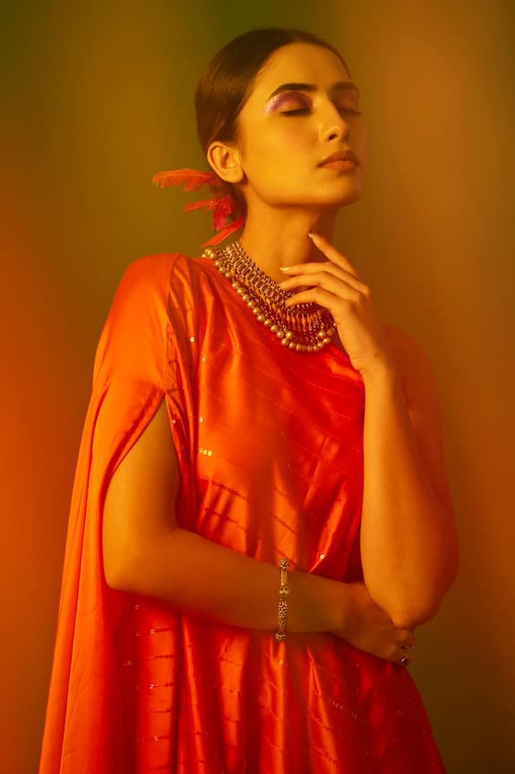 Buy Apeksha Jain Label Orange Silk Satin Sequin Stripe One Shoulder ...
