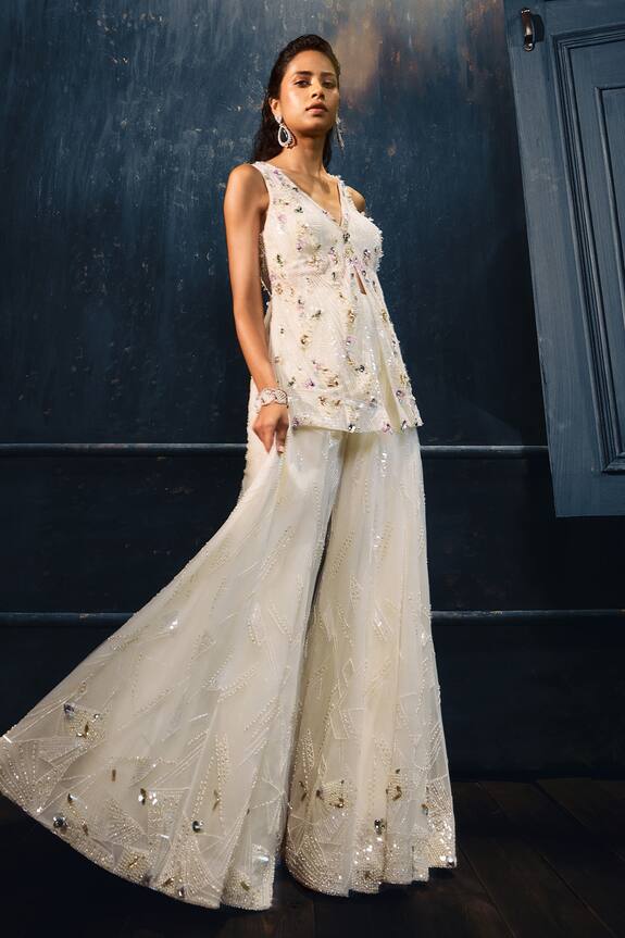 Buy Seema Gujral White Net Pearl Embroidered Kurta Sharra Set Online ...