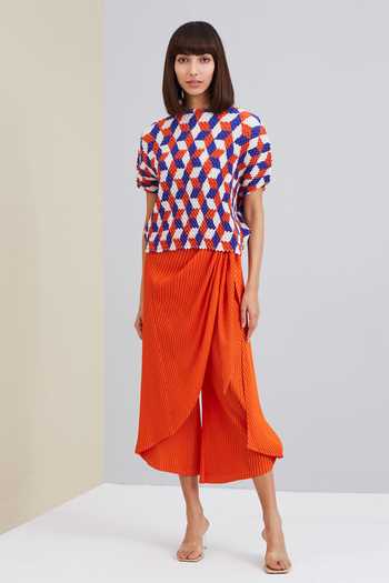 Buy Scarlet Sage Blue Polyester Tess Chevron Pleated Top Online | Aza ...