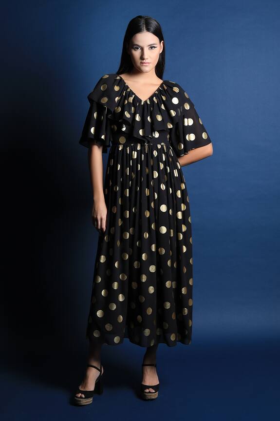Buy Swatee Singh Black Heavy Georgette Polka Dot Midi Dress Online ...