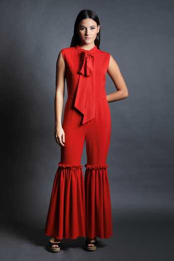 Buy Swatee Singh Red Heavy Crepe Tie Up Neck Jumpsuit Online | Aza Fashions