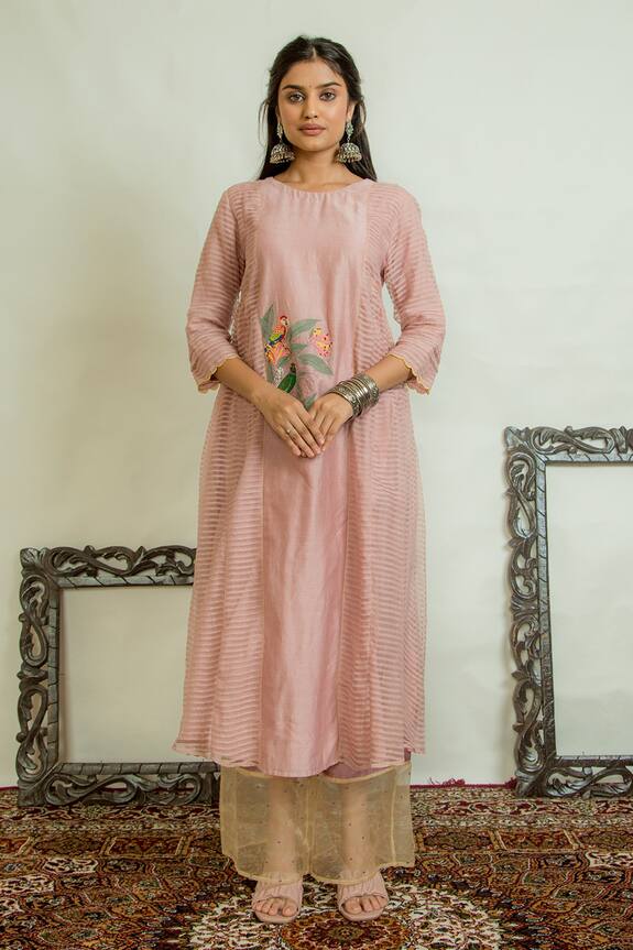 Buy Srota By Srishti Aggarwal Pink Chanderi Kurta And Palazzo Set ...