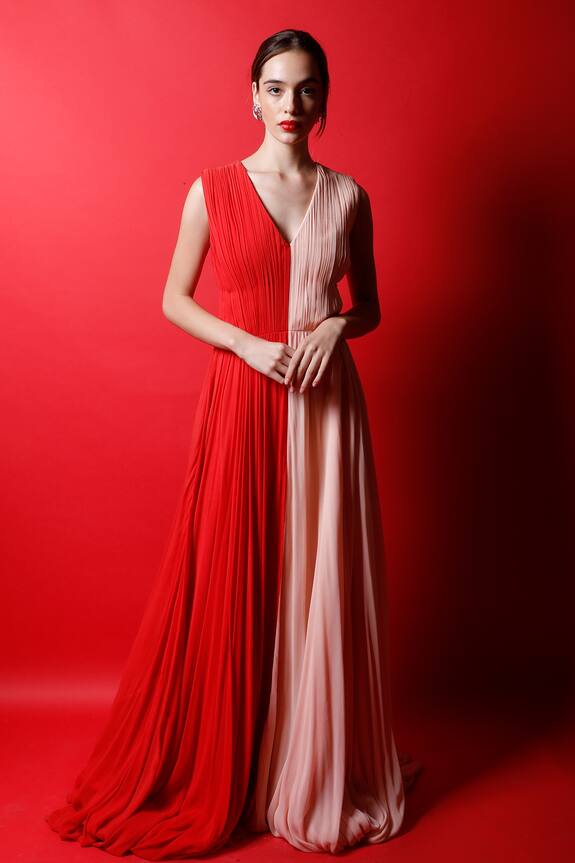 Buy Swatee Singh Red Georgette Colourblock Pleated Gown Online | Aza ...