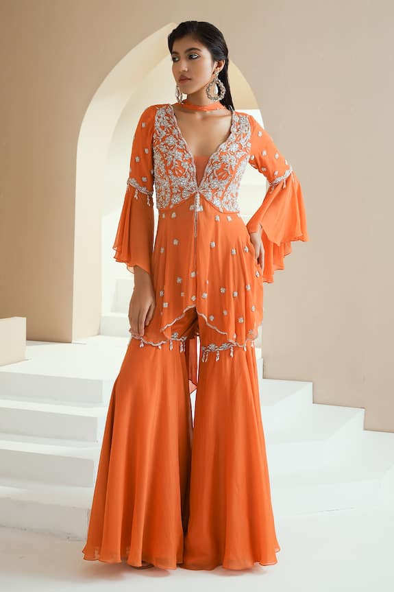 Buy Seema Thukral Orange Georgette Embellished Peplum Kurta Gharara Set ...