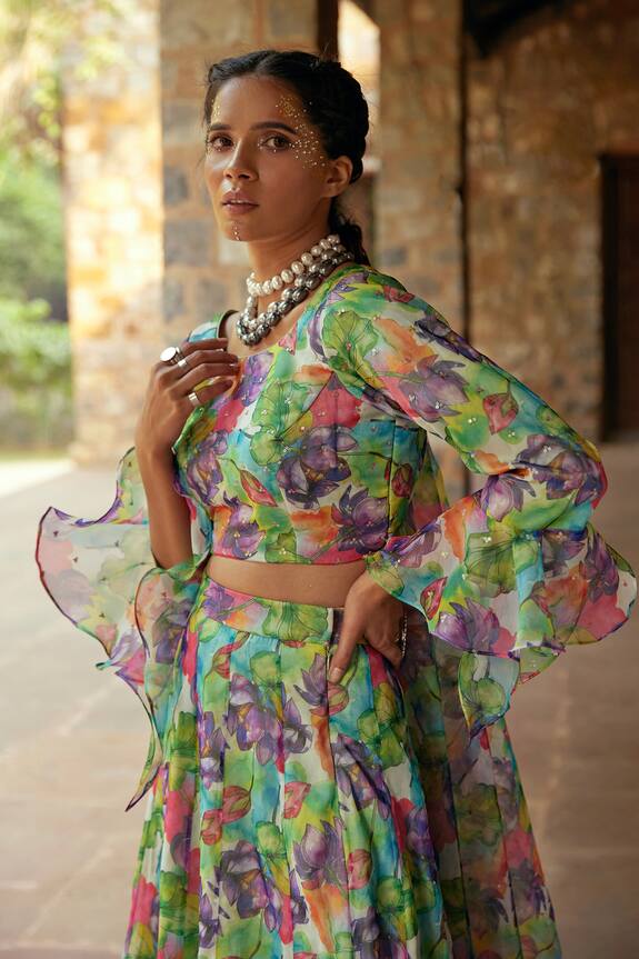 Buy Tarini Vij Multi Color Silk Organza Mayra Lehenga Set Online | Aza ...