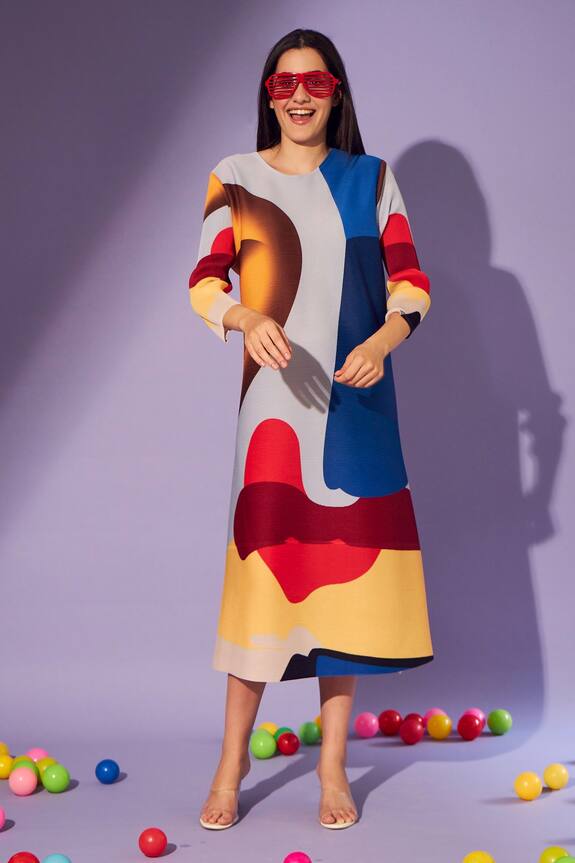 Buy Tasuvure Multi Color Pleated Fabric Alissa Abstract Print Dress ...