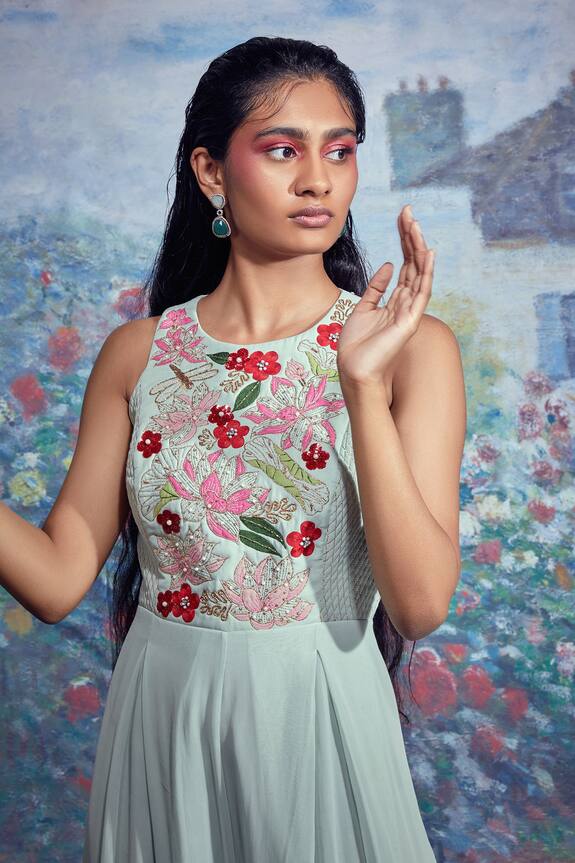 Buy Taavare Blue Georgette Embroidered Jumpsuit Online | Aza Fashions