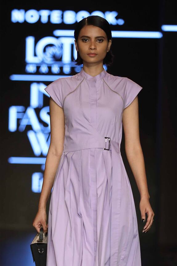 Buy Notebook Purple Cotton Poplin Pleated Midi Dress Online | Aza Fashions