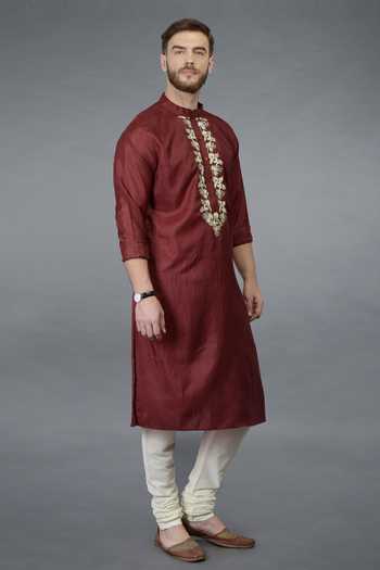 Buy Talking Threads Maroon Silk Kurta Online | Aza Fashions