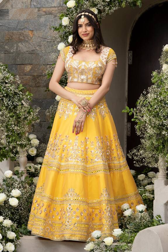 Buy Tamaraa By Tahani Yellow Silk Taffeta Embroidered Lehenga Set ...