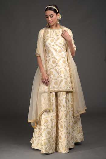 Buy Talking Threads Ivory Brocade Silk Kurta Lehenga Set Online | Aza ...
