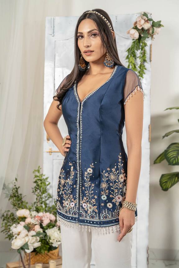 Buy Tamaraa By Tahani Blue Tafetta Silk Embroidered Jacket And Pant Set ...