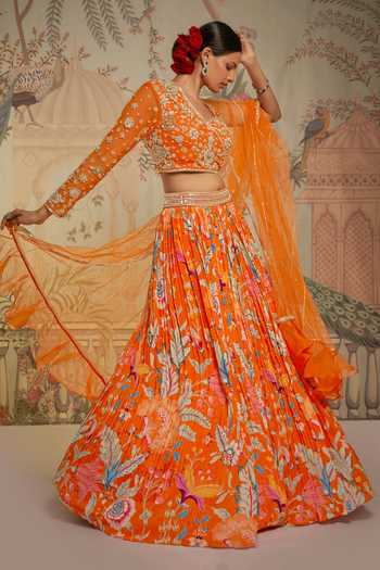 Buy Aayushi Maniar Orange Crepe Silk Floral Print Lehenga Set Online ...