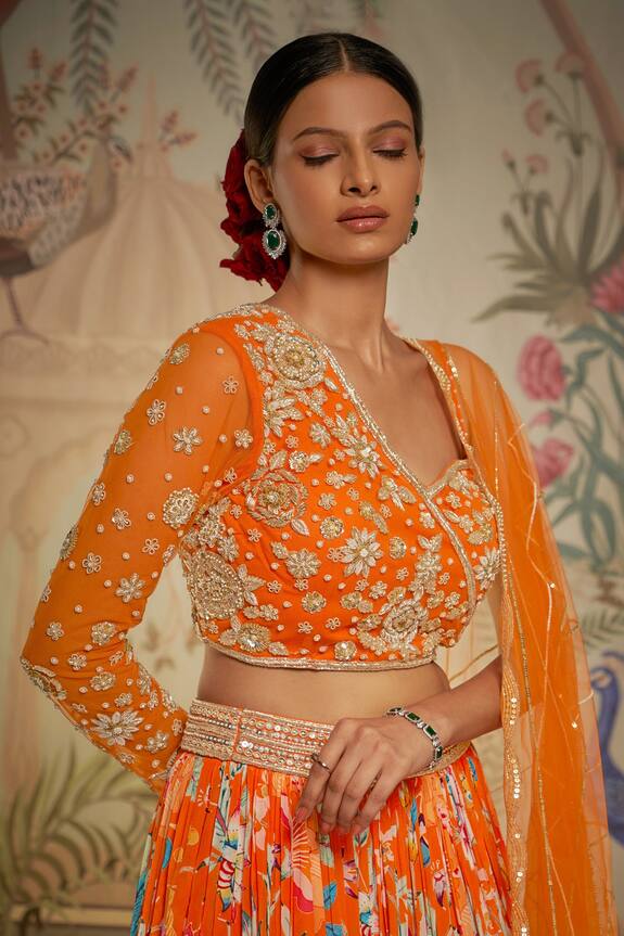 Buy Aayushi Maniar Orange Crepe Silk Floral Print Lehenga Set Online ...