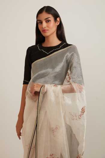 Buy Vamil by Tina & Sonali Silver Silk Tissue Organza Aari Embroidered ...