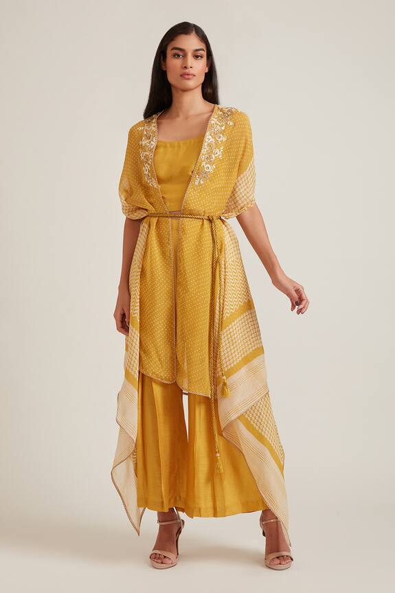 Buy Vamil by Tina & Sonali Yellow Organza Georgette Hand Block Print ...