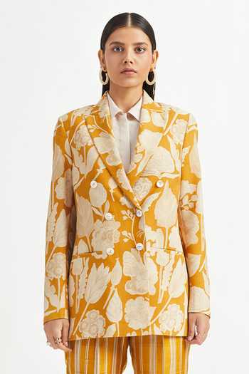 Buy Divyam Mehta Yellow Dupion Silk Floral Print Blazer Online | Aza ...