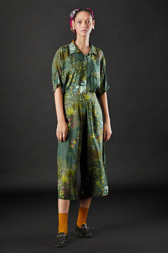 Buy Yavi Green Silk Aran Floral Print Shirt Online | Aza Fashions