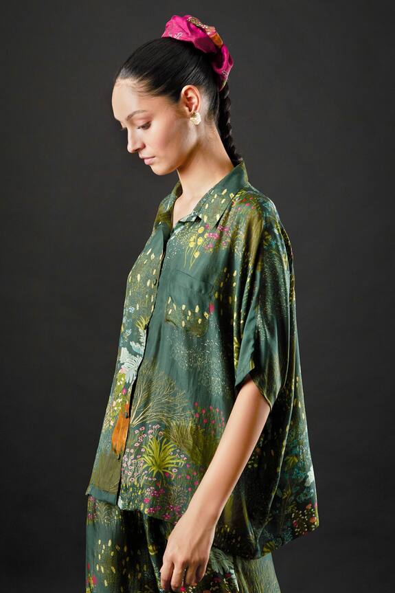 Buy Yavi Green Silk Aran Floral Print Shirt Online | Aza Fashions