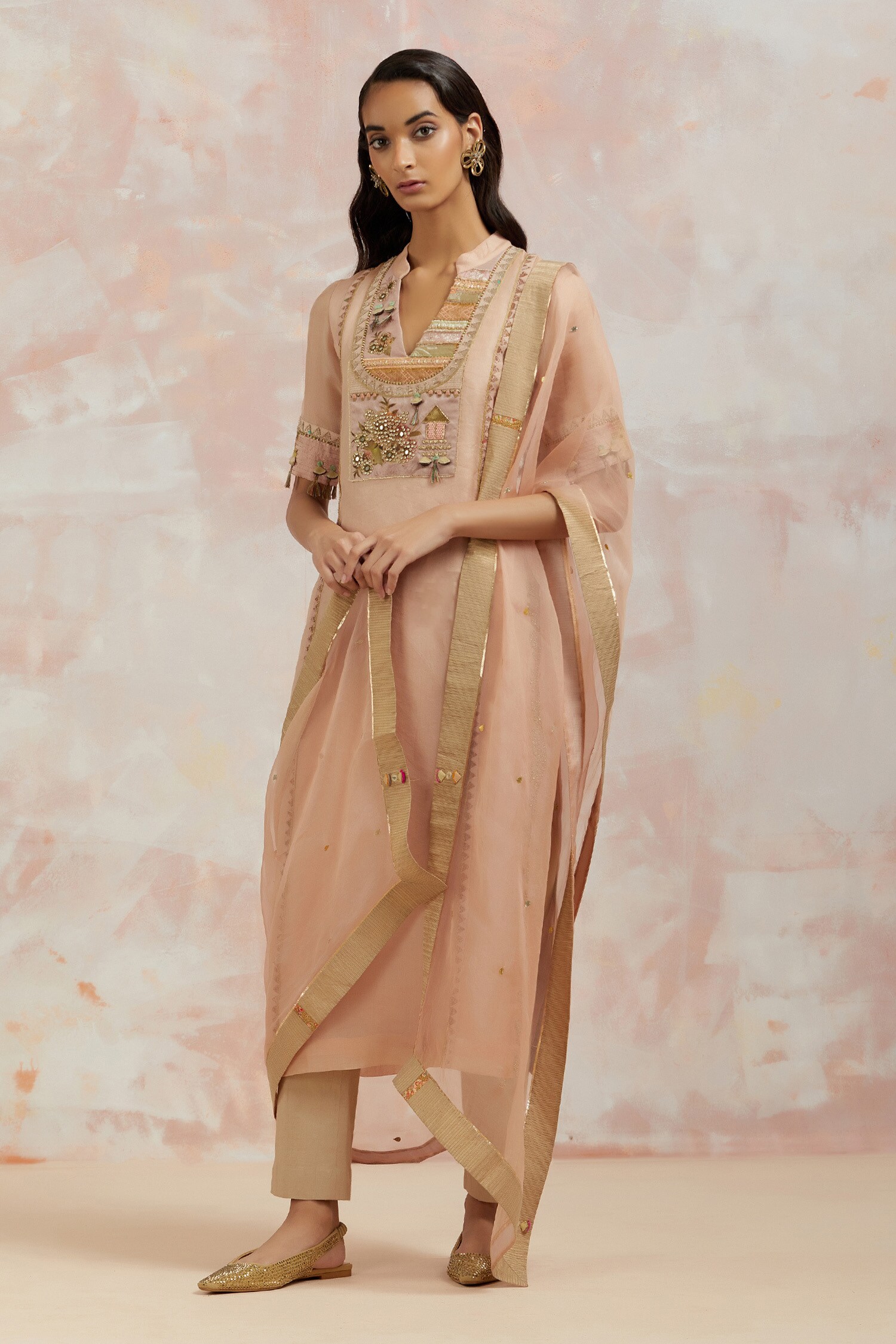 Buy AUM by Asit and Ashima Pink Organza Embroidered Straight Kurta Set ...