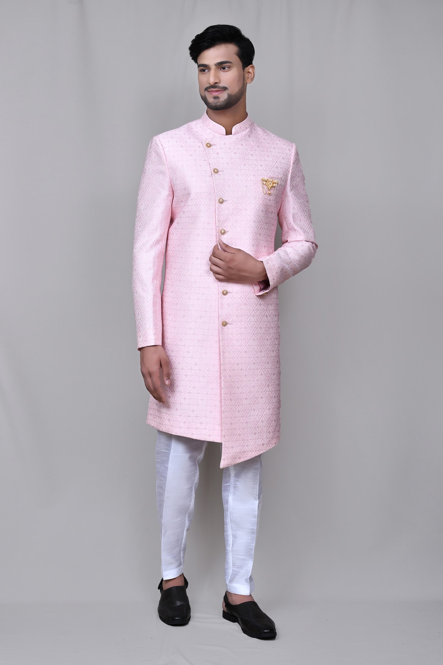 Buy Samyukta Singhania Pink Floral Pattern Asymmetric Sherwani Set ...