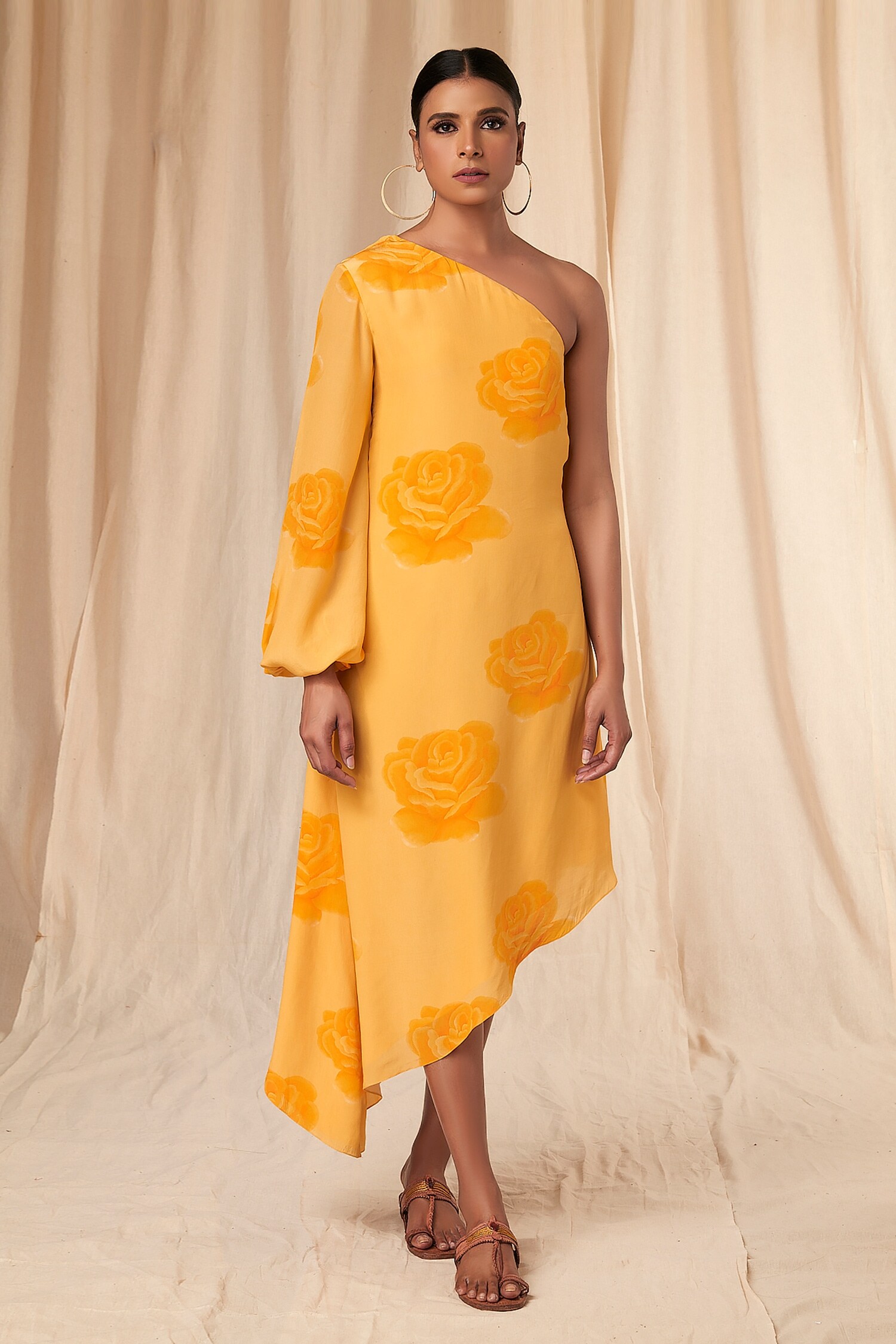 Buy Masaba Yellow Natural Crepe Tanya Rosy Print One Shoulder Kaftan ...